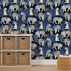 Spoonflower Maximalist Tiger Animalier Bold Graphic Blue Traditional Wallpaper