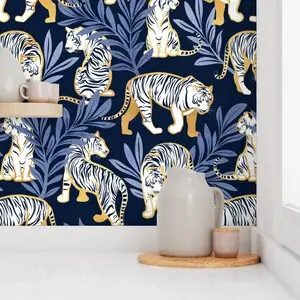Spoonflower Maximalist Tiger Animalier Bold Graphic Blue Traditional Wallpaper