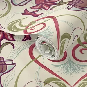 Spoonflower Butterfly Amaryllis Gardening Traditional Wallpaper - Beige,green,red
