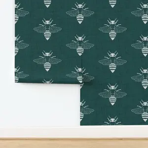 Spoonflower Green Teal Nature Texture Bees Custom Pre-pasted Wallpaper