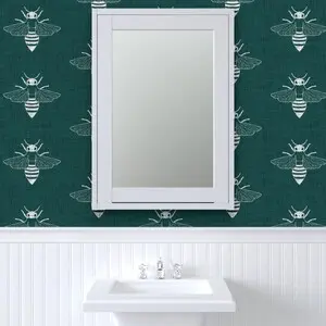 Spoonflower Green Teal Nature Texture Bees Custom Pre-pasted Wallpaper