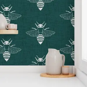 Spoonflower Green Teal Nature Texture Bees Custom Pre-pasted Wallpaper