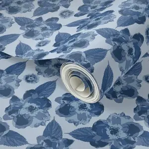 Spoonflower Flowers Colorful Monochromatic Floral Pattern Custom Pre-pasted Wallpaper - Blue
