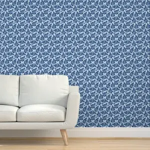 Spoonflower Flowers Colorful Monochromatic Floral Pattern Custom Pre-pasted Wallpaper - Blue