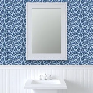 Spoonflower Flowers Colorful Monochromatic Floral Pattern Custom Pre-pasted Wallpaper - Blue