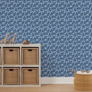 Spoonflower Flowers Colorful Monochromatic Floral Pattern Custom Pre-pasted Wallpaper - Blue
