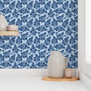 Spoonflower Flowers Colorful Monochromatic Floral Pattern Custom Pre-pasted Wallpaper - Blue