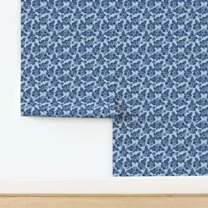 Spoonflower Flowers Colorful Monochromatic Floral Pattern Custom Pre-pasted Wallpaper - Blue