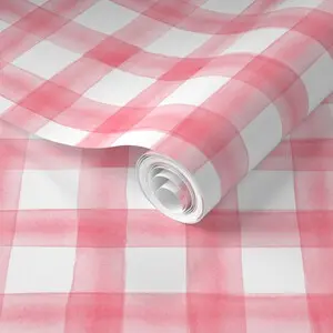 Spoonflower Pink Plaid Spring Summer Watercolor Buffalo Check Traditional Wallpaper - Red,white,pink