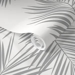 Spoonflower Palm Leaf Leaves Tree Tropical Plant Summer White Traditional Wallpaper - Gray,white