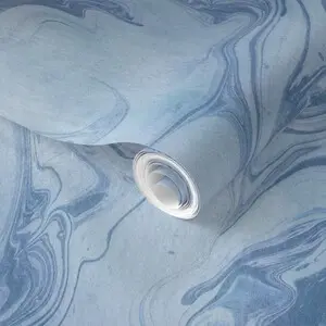 Spoonflower Cool Blue Grey Abstract Swirls Paint Marble Custom Pre-pasted Wallpaper - Blue,gray