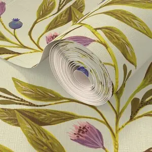Spoonflower Large Leaves And Berries On Beige 100% Natural Sisal Grasscloth Wallcovering - Beige,blue