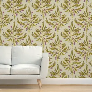Spoonflower Large Leaves And Berries On Beige 100% Natural Sisal Grasscloth Wallcovering