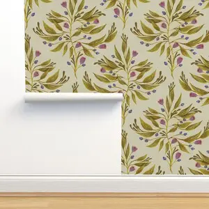 Spoonflower Large Leaves And Berries On Beige 100% Natural Sisal Grasscloth Wallcovering