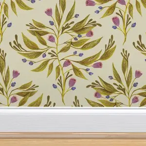 Spoonflower Large Leaves And Berries On Beige 100% Natural Sisal Grasscloth Wallcovering