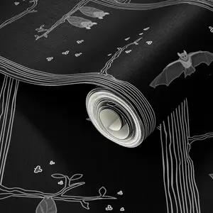 Spoonflower Bats Halloween Tree Spooky Black Fireflies Custom Pre-pasted Wallpaper - Gray