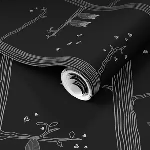 Spoonflower Bats Halloween Tree Spooky Black Fireflies Custom Pre-pasted Wallpaper - Gray