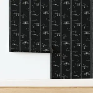 Spoonflower Bats Halloween Tree Spooky Black Fireflies Custom Pre-pasted Wallpaper