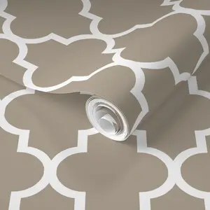 Spoonflower Mocha Moroccan Warm Ogee Quatrefoil Traditional Wallpaper - Gray,white,beige