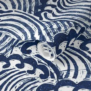 Spoonflower Blue Japanese Decor Waves Indigo Traditional Wallpaper - Blue,white,gray