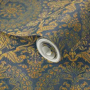 Spoonflower Blue Gold Damask Paisley Persian Medieval Look Custom Removable Wallpaper - Blue,gold,brown