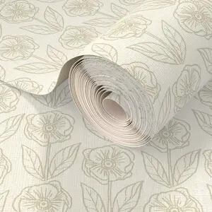 Spoonflower Cream Flowers Taupe Sand Neutral Line Drawing 100% Natural Sisal Grasscloth Wallcovering Beige