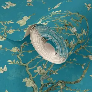 Spoonflower Van Gogh Almond Tree Branches Pattern Watercolor 100% Natural Sisal Grasscloth Wallcovering - Yellow