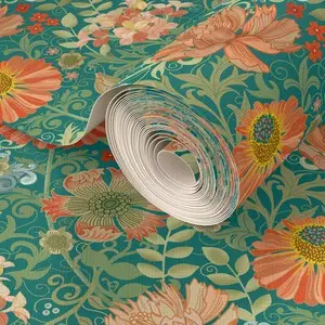 Spoonflower Le Jardin Art Nouveau 100% Natural Sisal Grasscloth Wallcovering - Blue