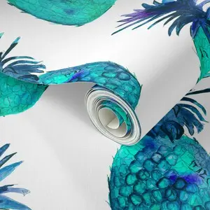 Spoonflower Watercolor Turquoise Blue Pineapples Pineapple Custom Removable Wallpaper - Blue,green,teal