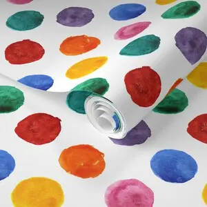 Spoonflower Colorful Polka Dot Watercolor Pattern Custom Removable Wallpaper - Rainbow