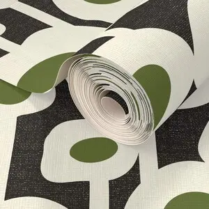 Spoonflower Poppy Dot Graphic Floral Black Green Large Scale 100% Natural Sisal Grasscloth Wallcovering Green,black