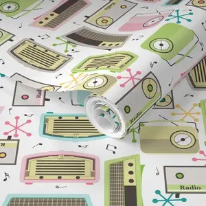 Spoonflower Vintage Retro Whimsical Music Geek Fifties Sound Custom Pre-pasted Wallpaper Gray,green,teal