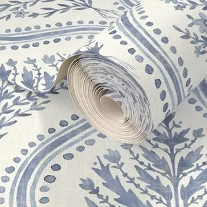 Spoonflower Large Monticello Indigo On White 100% Natural Sisal Grasscloth Wallcovering - Indigo,blue