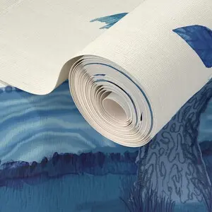 Spoonflower Citrus Grove Lemon Tree Panel A Vibrant Blues 100% Natural Sisal Grasscloth Wallcovering Blue,white