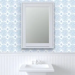 Spoonflower Roses Damask And White Delft Custom Pre-pasted Wallpaper