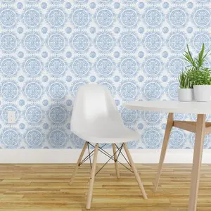Spoonflower Roses Damask And White Delft Custom Pre-pasted Wallpaper