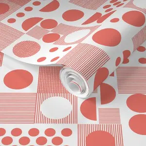 Spoonflower Retro Dot Bold Spot Coral Scandi Custom Pre-pasted Wallpaper - Pink,brown,red