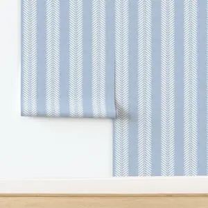 Spoonflower Pastel Garden Stripe Cornflower And 100% Natural Sisal Grasscloth Wallcovering
