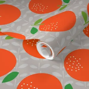 Spoonflower Oranges Orange Fruit Big Traditional Wallpaper - Orange,gray,green
