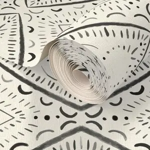 Spoonflower Black And White Cream Hand-drawn Line Drawing 100% Natural Sisal Grasscloth Wallcovering - Black,white
