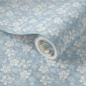 Spoonflower Vintage Lace Blue Flower Quilt Pretty Ditsy Traditional Wallpaper - Blue,white