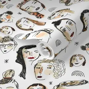 Spoonflower Faces Hand Drawn Illustration Ladies Female Traditional Wallpaper - Gray,brown