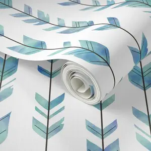 Spoonflower Blue Teal Mint Feather Watercolor Traditional Wallpaper - Blue,gray