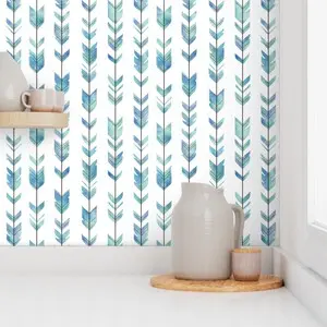Spoonflower Blue Teal Mint Feather Watercolor Traditional Wallpaper