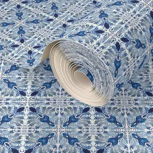 Spoonflower Pthalo Tiles 2b 100% Natural Sisal Grasscloth Wallcovering - Blue