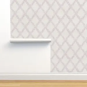 Spoonflower Leafy Trellis Lilac On White 100% Natural Sisal Grasscloth Wallcovering - Purple,white
