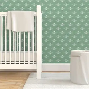 Spoonflower Modern Classic Bee Line Art Honey Custom Pre-pasted Wallpaper - Green