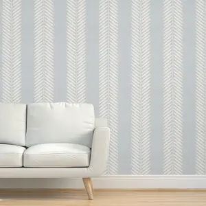 Spoonflower Laurel Leaf Stripe Soft Blue 100% Natural Sisal Grasscloth Wallcovering - Blue,white