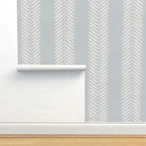 Spoonflower Laurel Leaf Stripe Soft Blue 100% Natural Sisal Grasscloth Wallcovering - Blue,white