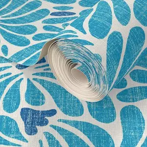 Spoonflower Large Water Flower Splash In Teal And Ultramarine 100% Natural Sisal Grasscloth Wallcovering - Blue,teal